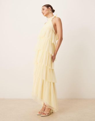 Lace & Beads Robe longue &agrave; volants en tulle avec dos ouvert - Citron-Jaune