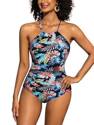 SHEKINI Maillot de Bain Femme 1 Pieces avec Bretelles R&eacute;glables Ventre Plat Sexy Swimsuit Vintage Imprim&eacute; Swimwear