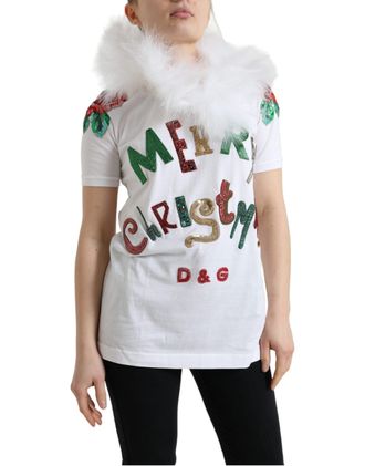 Dolce & Gabbana Womens White Cotton Christmas Sequin Fur T-Shirt