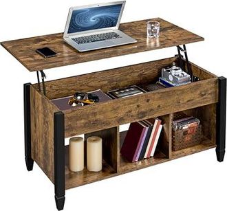 Yaheetech Table Basse Plateau Relevable, Table de Salon Industrielle, Table avec Porte-Revues, 3 Compartiments de Rangement, Pieds réglables en Bois MDF et Méta