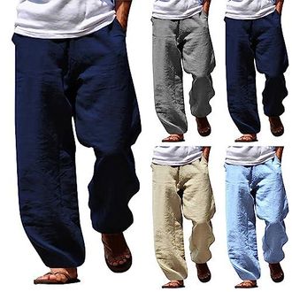 Generic Pantalon de plage en lin pour homme, coupe ample, pantalon large en lin, pantalon classique d&eacute;contract&eacute;, l&eacute;ger, jambe droite, respirant, couleurs unie
