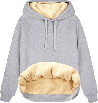 Heekpek Kapuzenpullover Damen Hoodie Sweatshirt Warm Sherpa Futter Casual Lose Kapuzenpullover Damen Winter Herbst Fleecepullover Basic, Hellgrau, XXL