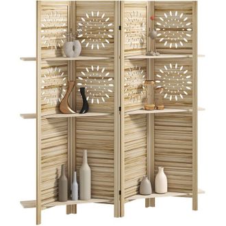 HOMCOM Paravent int&eacute;rieur - HOMCOM - 4 panneaux et 3 &eacute;tag&egrave;res - pliable - bois de paulownia - 160 x 170 cm - bois naturel