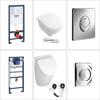 Villeroy & Boch O.NOVO Wand WC sp&uuml;lrandlos + SoftClose TakeOff WC-Sitz & Absaug Urinal + Deckel mit CeramicPlus, GROHE Vorwandgestell &