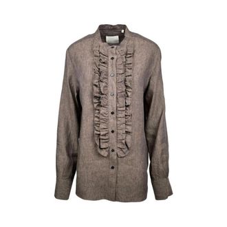 Xacus Braunes Leinen Regular Hemd mit Mandarin Kragen - - Blouses & Shirts - Damen - Braun - M