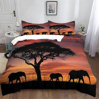 Generic Housse de Couette 160x200 Afrique, Parure de Lit Paysage au Coucher du Soleil 3 Pi&egrave;ces R&eacute;versible 3D Adulte Microfibre Doux et Confortable Literie Set