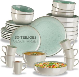 TecTake 30tlg. Kombiservice 6 Personen, Steingut Geschirrset 6 Personen, handgefertigtes Teller Set mit Sch&uuml;sseln und Tassen, Geschirr Set sp&uuml;lmaschinen- und 