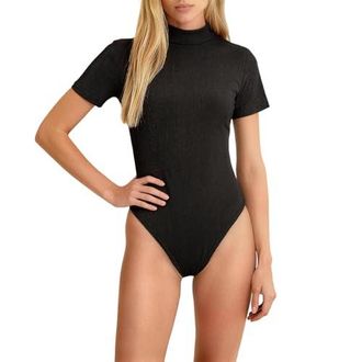 Alexis Leroy Body Femme Manches Courtes Col Mi-Haut Formant &Eacute;l&eacute;gant pour Tenues Quotidiennes Noir L