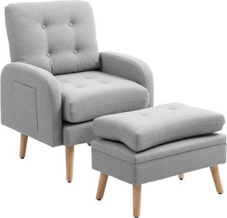 HOMCOM Homcom - Fauteuil et repose-pieds design nordique grand confort piètement bois tissu effet lin aspect capitonné gris clair