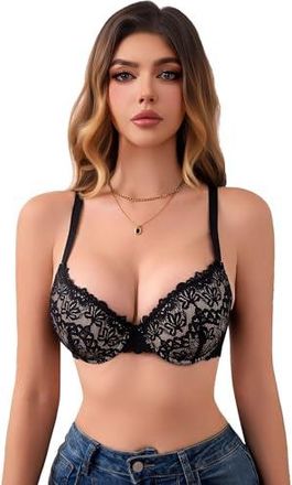 Generic Soutien-gorge 2026 pour femme 2025 dentelle sexy couleur contrast&eacute;e avec haut fin et bas &eacute;pais fronc&eacute;s en acier, beige, 3XL