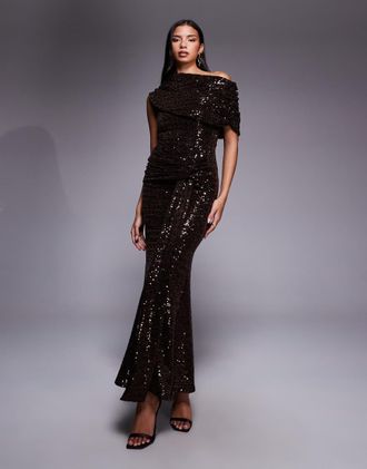 Asos Robe longue effet drap&eacute; &agrave; corsage ultra-fronc&eacute; et sequins - Chocolat-Brown