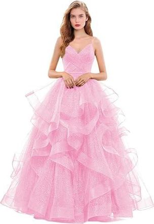 Generic Robe de bal en tulle pailleté avec col en V et bretelles spaghetti, robe de demoiselle dhonneur, robe de soirée formelle longue à étages, rose clair, 