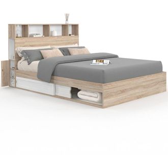 IDMarket Idmarket - Lit double avec rangements 140 x 190 cm - T&ecirc;te de lit tendance - 20 lattes pour soutien optimal - Effet bois et blanc