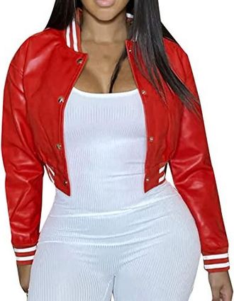 Generic Vestes pour femmes 2026 Automne et Hiver Couleur Patchwork Manches Veste de baseball, Rouge, XXL