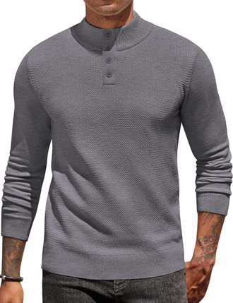 Coofandy Pullover Herren Henley Pullover Stehkragen Strickpullover Langarm Henley Shirt M&auml;nner Sweater mit Knopfleiste Grau XL