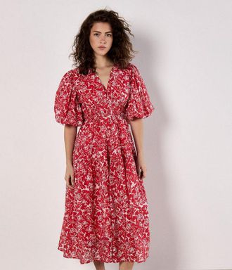 Apricot Midikleid Gestuftes Midikleid mit Rosenmuster