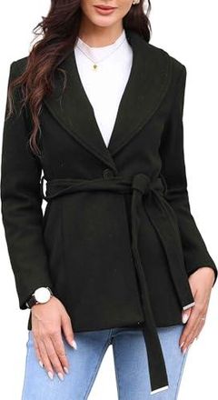 Allegra K Manteau &agrave; simple boutonnage pour femme, col ch&acirc;le, coupe trap&egrave;ze, veste dhiver, trench-coat avec ceinture, Noir, S