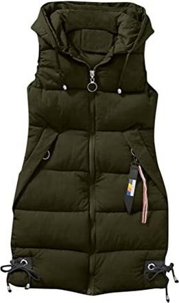 Onsoyours Doudoune sans Manche Femme Gilet pour Femme Gilet Long À Capuche Gilet Matelassé Jaune Moutarde Chaud Rembourré Steppweste Manteau Dhiver A Armée Vert