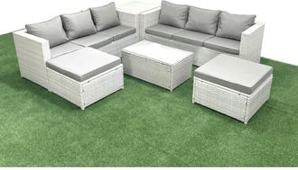 Fimous Garten Polyrattanm&ouml;bel Set 8-Sitzer Rattan Garten Sofa Set mit 2 hohen Hockern Beistelltisch Hellgrau gemischt - Fimous
