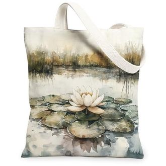 Generic Sac fourre-tout en toile avec motif n&eacute;nuphar japonais pour faire du shopping, 33 x 38,1 cm, sac d&eacute;picerie r&eacute;utilisable pour homme et femme, peinture e