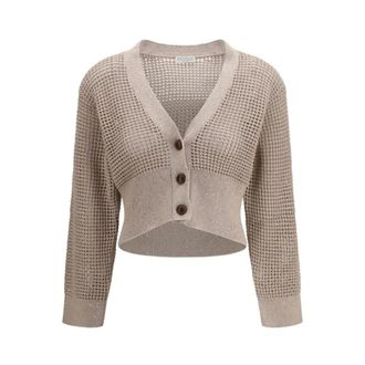 Brunello Cucinelli Femme, Pulls, Beige, Taille: 42 FR Gilet en maille de coton boutonn&eacute;e