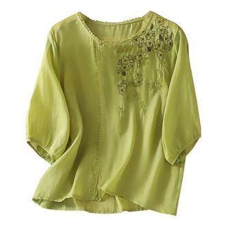 Generic Chemisiers en lin pour femme &agrave; manches 3/4 avec broderie r&eacute;tro, motif floral, hauts &agrave; manches 3/4, tunique d&eacute;t&eacute; boh&egrave;me tendance, Vert, XXL