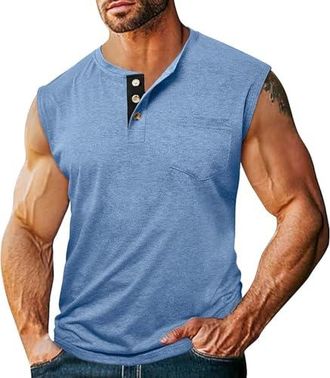 Generic T-shirts sans manches pour hommes, d&eacute;bardeur Henley avec boutonni&egrave;re, d&eacute;bardeur l&eacute;ger et doux avec col en V et poche, col montant d&eacute;contract&eacute;, t-shirt