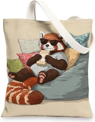 Generic Sac fourre-tout en toile motif panda rouge, adorable sac à provisions réutilisable, léger, lavable et respectueux de lenvironnement, beige, 13x15 Inch
