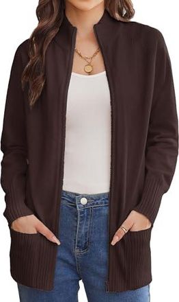 Grace Karin Cardigan long pour femme UK Automne Dehors Col montant Fermeture &eacute;clair &Eacute;lastique avec poches, caf&eacute;, M