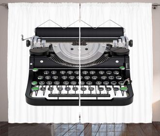 Abakuhaus Schreibmaschine Rustikaler Gardine, Antike Schreibger&auml;t, Schlafzimmer Kr&auml;uselband Vorhang mit Schlaufen und Haken, 280 x 260 cm, Dunkelblau Grau Farn-