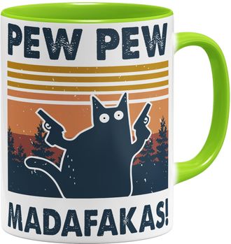 OM3 Pew Pew Madafakas Kaffee-Tasse mit Spruch Statement II - Keramik Becher - 11oz 325ml - Beidseitig Bedruckt - Hellgrün