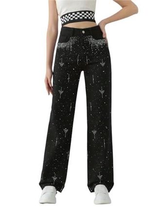 Generic Y2k Jeans Hot Diamond pour femme avec strass Taille haute Droite Jambe large Extensible Bling Denim Pantalon, noir 1, XXL