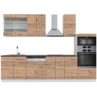 Vicco K&uuml;chenzeile Fame-Line, Goldkraft Eiche/Wei&szlig;, 300 cm mit Hochschrank, ohne Arbeitsplatte