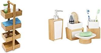 Relaxdays Bambus Badregal H x B x T: 75 x 25 x 18 cm & Badezimmer Set, 4-teiliges Badzubeh&ouml;r aus Keramik und Bambus, Seifenspender und Zahnputzbecher, Natur-wei