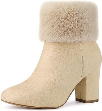 Allegra K Bottines &agrave; Talon carr&eacute; en Fausse Fourrure pour Femmes Beige 35