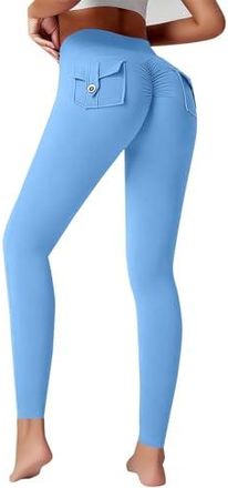 Generic Legging avec effet lifting des fesses pour femme, leggings cargo, pantalon dentra&icirc;nement et de course taille haute avec poches lat&eacute;rales, noir, bleu c