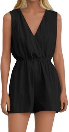 Generic Grenouill&egrave;re douce avec poches pour femme - Taille &eacute;lastique - Sans manches - Combinaison courte d&eacute;t&eacute;, Noir, XL