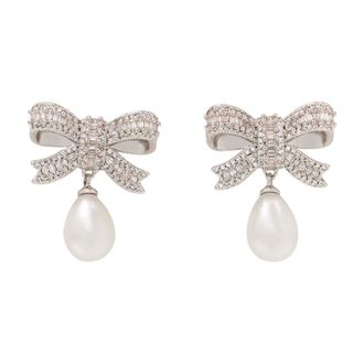 Self Portrait Femme, Accessoires, Gris, Taille: ONE Size Crystal Bow Pearl Droplet Earrings