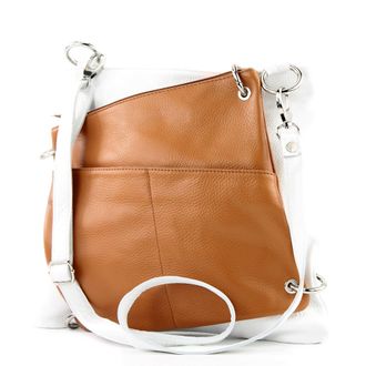 modamoda.de T140 - ital Messengertasche Umhängetasche 2in1 Leder, Farbe:Weiß/Camel