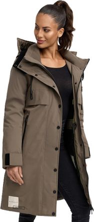 Marikoo Damen Winterjacke (S-3XL) - lange Form, gro&szlig;e abnehmbare Kapuze, Taillierungsband, warme Fleecetaschen, Warme Jacke Frauen - N032 (L, Stone-Brown)