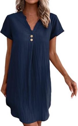 Generic Robe t-shirt d&eacute;t&eacute; d&eacute;contract&eacute;e pour femme avec col en V et manches courtes en lin - Robe de soleil fluide de style boh&egrave;me, robe ample pour la plage, l