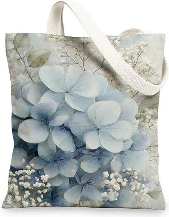Generic Sacs fourre-tout en toile à motif dhortensia bleu, sacs dépicerie réutilisables, vintage, élégants, légers et lavables avec bandoulière, bleu, 13x15 I