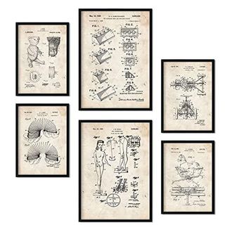 Nacnic Ensemble de 6 affiches de brevets Jouets. Affiches avec des illustrations de brevets r&eacute;tro pour votre maison. D&eacute;coration int&eacute;rieure de style vintage. 
