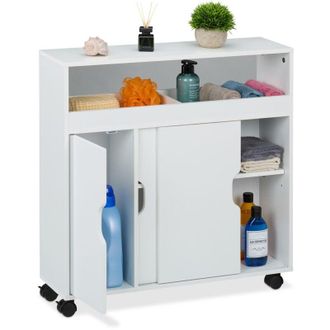 Relaxdays Relaxdays Nischenschrank, 3 F&auml;cher, 2 offene Ablagen, H x B x T: 71,5 x 70 x 20 cm, Bad, K&uuml;che, MDF, Rollwagen, wei&szlig;