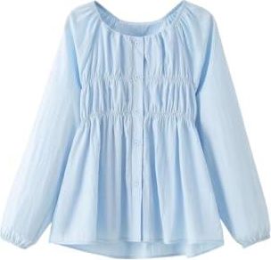 Generic Haut d&eacute;contract&eacute; grande taille pour femme, manches longues, couleur unie, col rond, bleu, 4XL