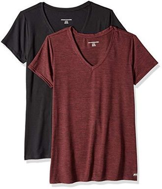 Amazon Essentials Tech Stretch T-Shirt Col en v à Manches Courtes - couleurs abandonnées Femme, Lot de 2, Bordeaux Teinture Spatiale/Noir, XXL Grande taille