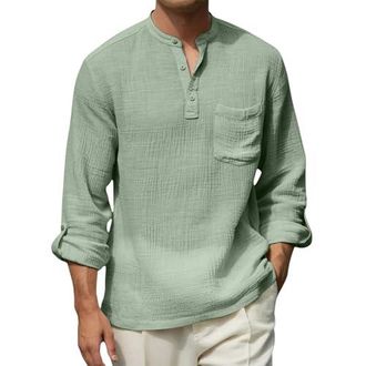 Generic Chemise en lin &agrave; manches longues pour homme Coupe ajust&eacute;e : chemise d&eacute;t&eacute; avec 1/4 bouton Down Chemise de plage avec poche de poitrine Chemise &agrave; manche