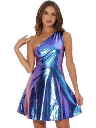 Allegra K Damen &Auml;rmellos One Shoulder Metallic Partykleid Disco Holografisches Glitzer Kleid Schwarz Blau Lila XS