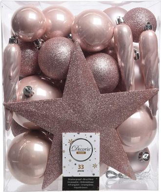 Kaemingk 33er Set Weihnachtskugeln Christbaumkugeln mit Stern Kunststoff bruchsicher Rosa