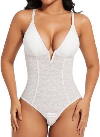 Joyshaper Shapewear Body gainant en dentelle pour femme avec col en V, Blanc/dentelle, S